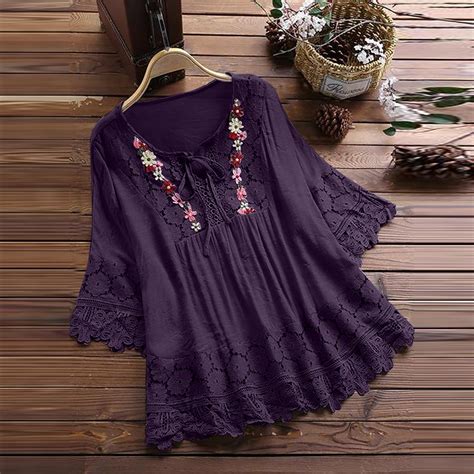 Egzmbll Womens Plus Size Cotton Tunic Tops Lace Pleated Short Sleeve Blouses S 5xl