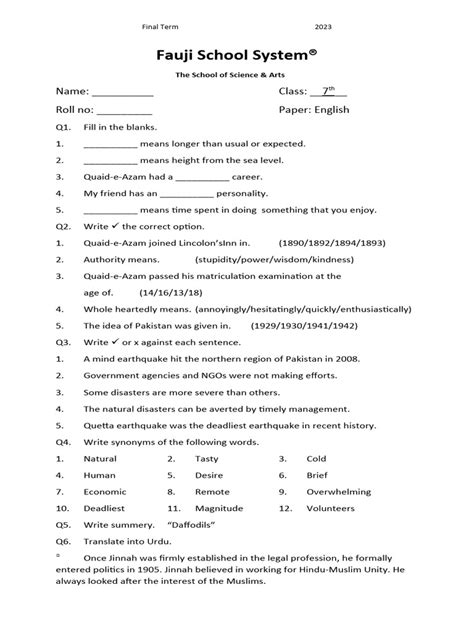 7th Class Paper English A Final Term 2023 Pdf