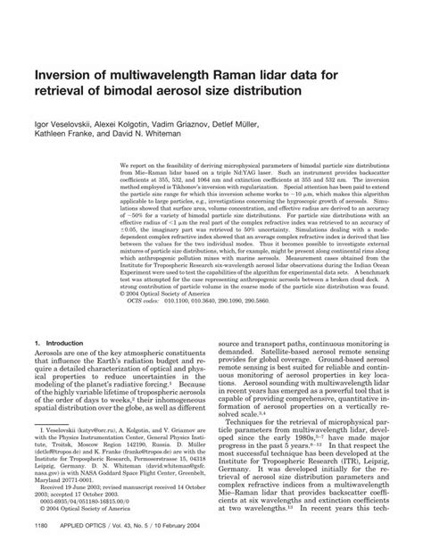 Pdf Inversion Of Multiwavelength Raman Lidar Data For Retrieval Of Bimodal Aerosol Size