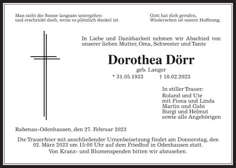 Traueranzeigen Von Dorothea Dörr Mittelhessen Gedenkt De