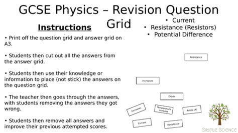 Current Potential Difference And Resistance Revision Question Grids