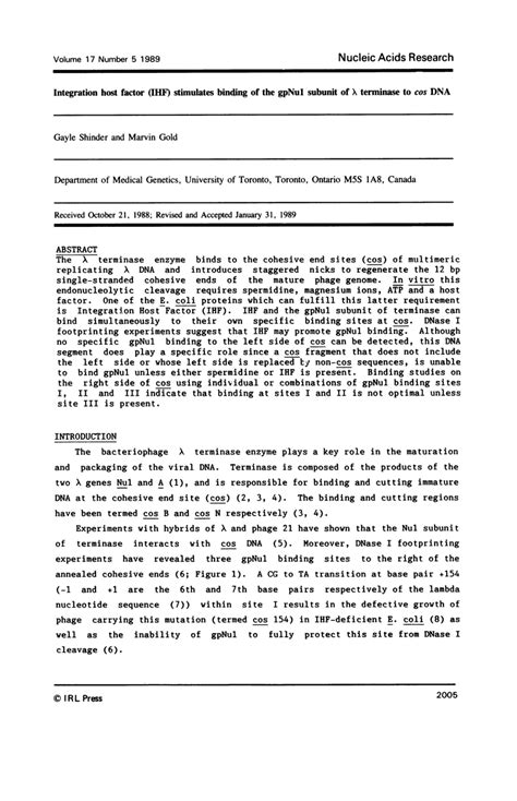 Pdf Integration Host Factor Ihf Stimulates Binding Of The Gpnu1