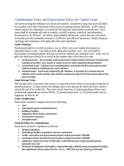 Capitalization Policy And Depreciation Policy For Capital Assets Pdf Depreciation Economies