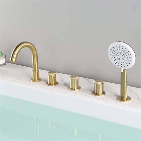 Huifeidezhu 5 Hole Roman Tub Faucet With Sprayer Brushed Gold Deck