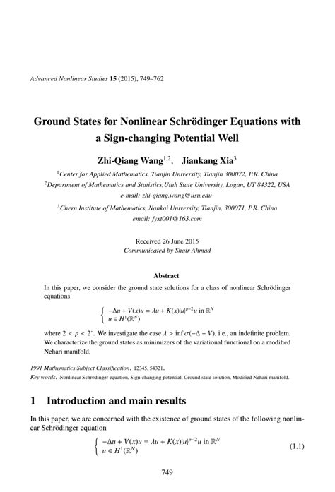 Pdf Ground States For Nonlinear Schrodinger Equations With A Sign