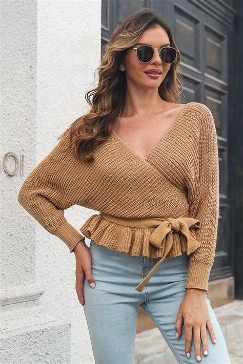 Tie Waist Ruffle Hem Sweater Camel L Wrap Around Sweater Wrap