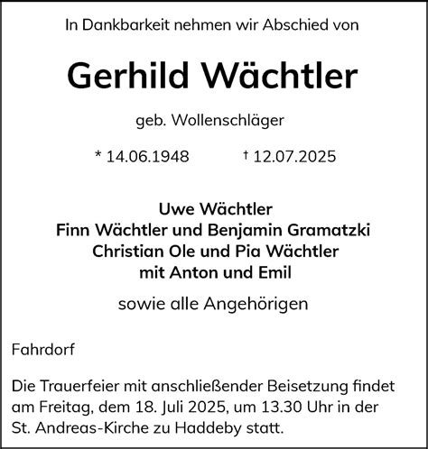 Traueranzeigen Von Gerhild Wächtler Sh Z Trauer