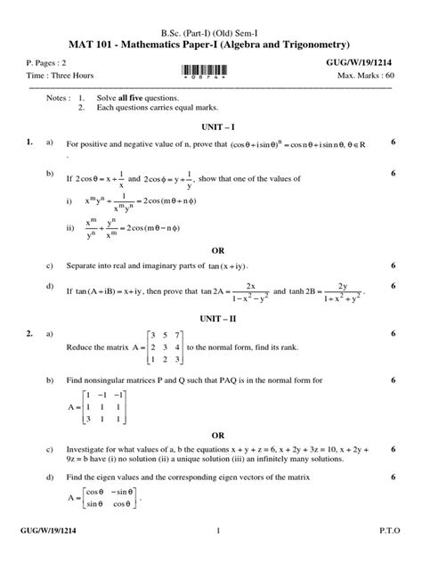 1214 Year B Sc Part I Old Sem I Subject Mat 101 Mathematics Paper I Algebra And