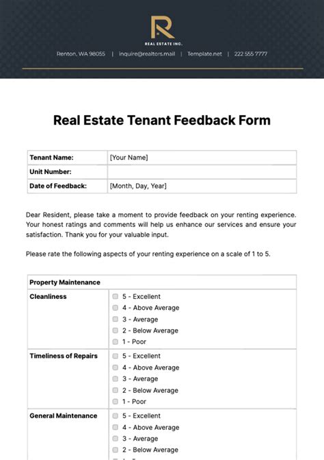 Free Real Estate Tenant Feedback Form Template To Edit Online
