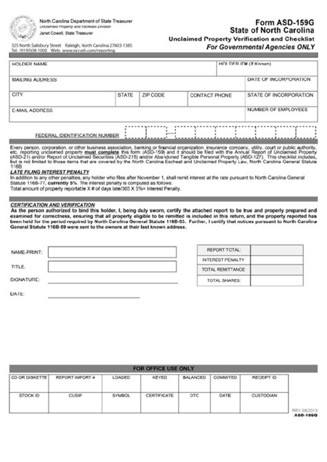 Form Asd 159g Unclaimed Property Verification And Checklist State