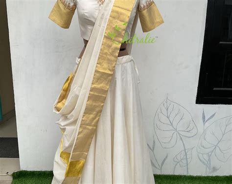 Kerala Gold Kasavu Dhavani With Puff Sleeve Blouse Onam Vishu Dress