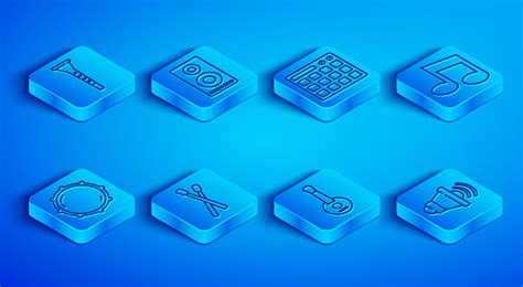 세트 라인 클라리넷 스테레오 스피커 드럼 머신 스틱 밴조 음악 노트 톤 다이얼 노브 레벨 및 스피커 볼륨 아이콘 벡터 0명에 대한 스톡 벡터 아트 및 기타 이미지 Istock