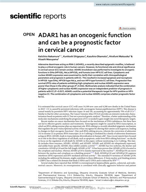 Pdf Adar1 Has An Oncogenic Function And Can Be A Prognostic Factor In Cervical Cancer