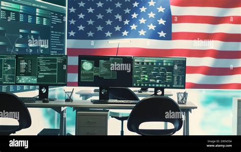 Empty Governmental Surveillance Room Shows An American Flag Cybersecurity And Data Protection