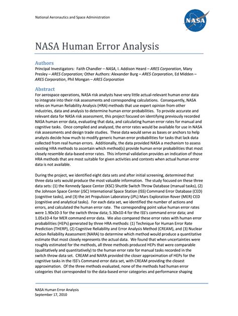 Nasa Human Error Analysis Data September 2010 Authorized For Release
