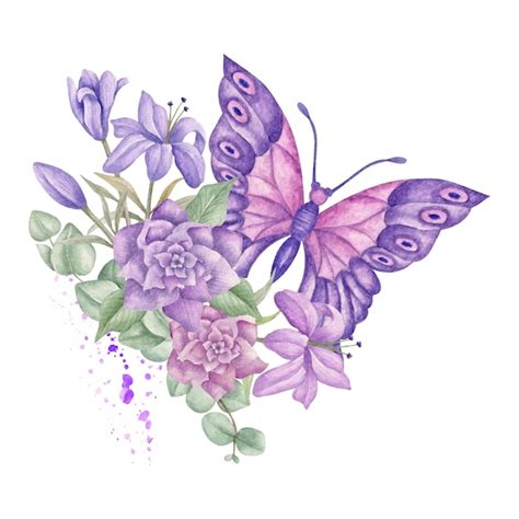Decoración De Ramo Floral Encantador Acuarela Con Mariposa Vector Premium