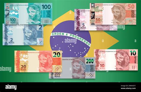 Set Of Brazilian Real Banknotes With Brazilian Flag Vector