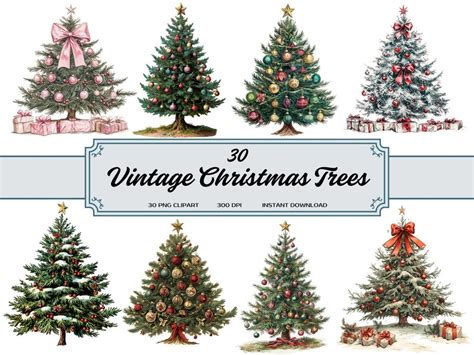 Vintage Christmas Tree Clipart Bundle 32 Png Holiday Images Retro