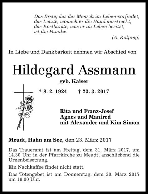 Traueranzeigen Von Hildegard Assmann Rz Trauerde