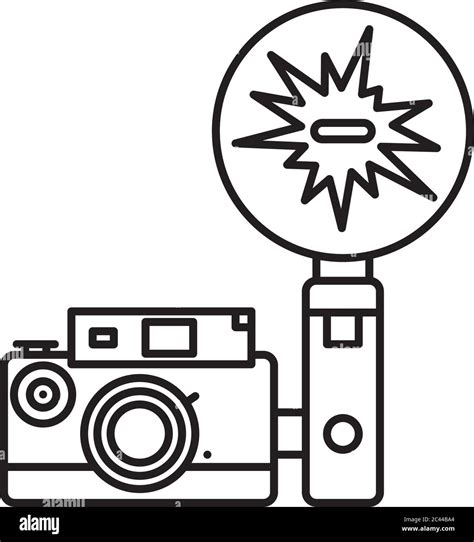 Vintage Camera With Atttached Flash Vector Line Icon Analog Media And