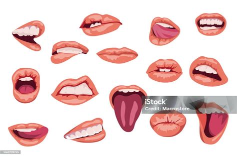 감정을 표현하는 여성의 입은 평면 디자인의 그래픽 요소를 설정합니다 열린 입과 닫힌 입 입술을 물고 혀 키스 등을 보여주는 얼굴 제스처의 묶음 벡터 그림 격리 된 개체 혀에