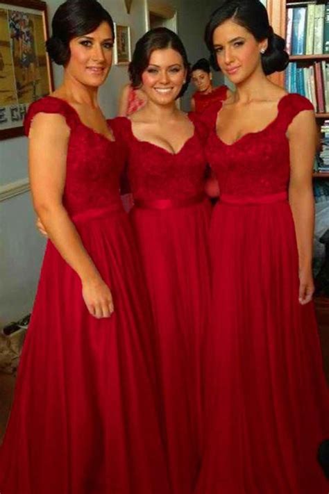 V Neck Long Cap Sleeves Dark Red Bridesmaid Dress With Beading Lace