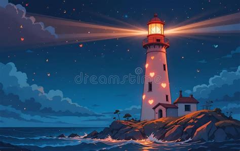 Romantic Lighthouse At Night Glowing Heart Shaped Windows Stock Illustration Illustration Of