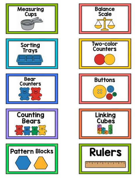Classroom Supply Labels With Pictures And Math Manipulatives Tpt