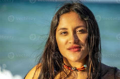 Beautiful Black Hair Girl Mexican Latina Portrait On Baja California