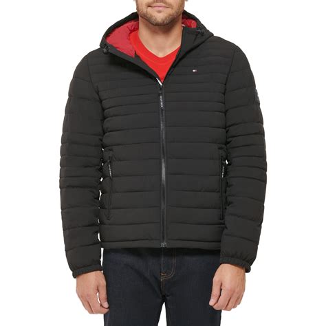 Tommy Hilfiger Mens Stretch Poly Hooded Packable Jacket Black Xx