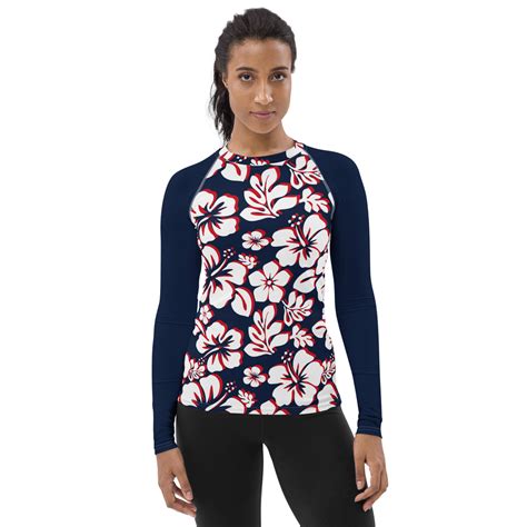 Womens Red White And Navy Blue Hawaiian Flowers Rash Guard With Navy B