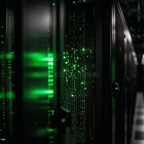 Server Room Interior Green Server Lights Illuminate Data Flow In Modern