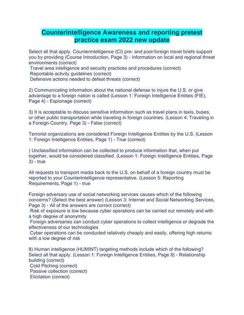 Solution Counterintelligence Awareness And Reporting Pretest Practice