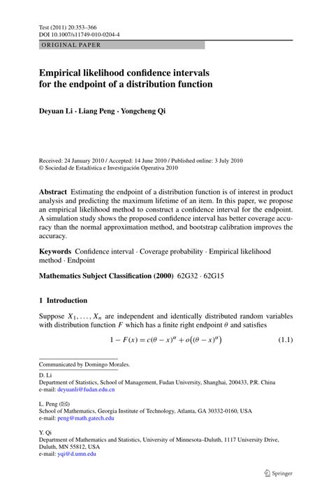 PDF Empirical Likelihood Confidence Intervals For The Endpoint Of A Distribution Function