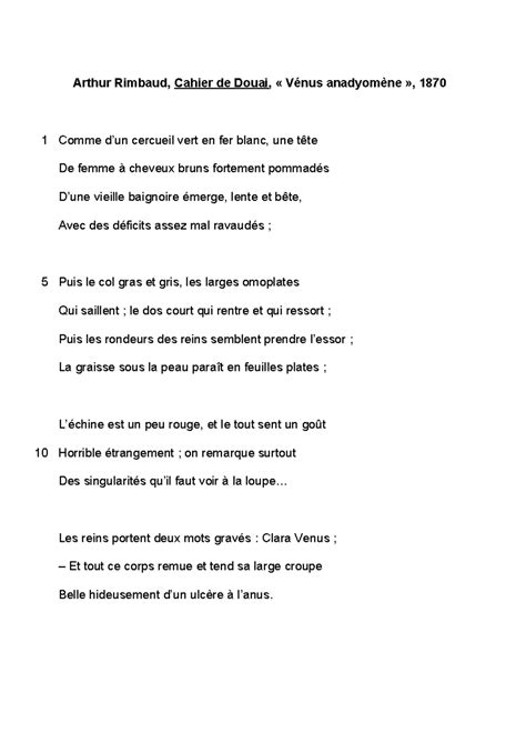Rimbaud Vénus Anadyomène Txt Arthur Rimbaud Cahier De Douai Vénus