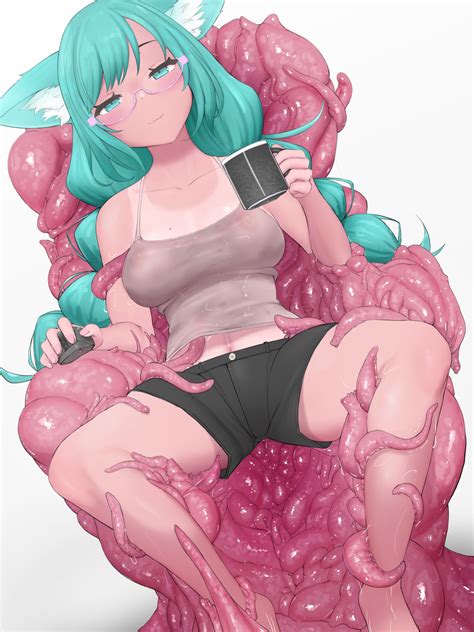 Shokushi Yuu Yuyake Hino Vrchat Highres Breasts Cat Girl Glasses Green Eyes Green Hair