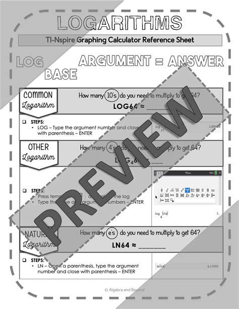 Logarithms Ti Nspire Graphing Calculator Reference Sheet Algebra And Beyond