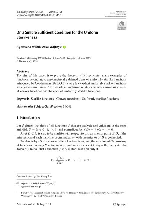 Pdf On A Simple Sufficient Condition For Starlikeness