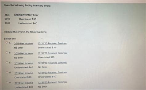 solved given the following ending inventory errors year