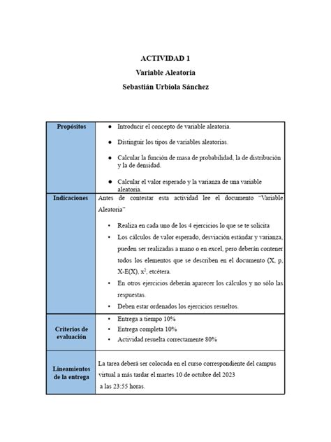 Actividad 1 Variable Aleatoria Pdf Diferencia Variable Aleatoria