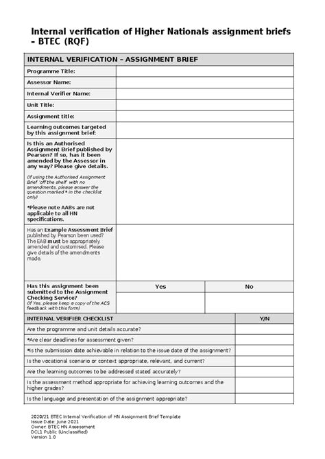 2021 Btec Hn Iv Assignment Brief Template Internal Verification Of