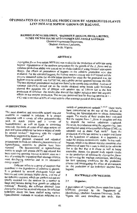 Pdf Optimization Of Cellulase Production By Aspergillus Flavus Linn Isolate Nspr101 Grown On