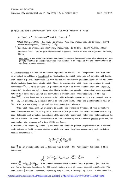 Pdf Effective Mass Approximation For Surface Phonon States