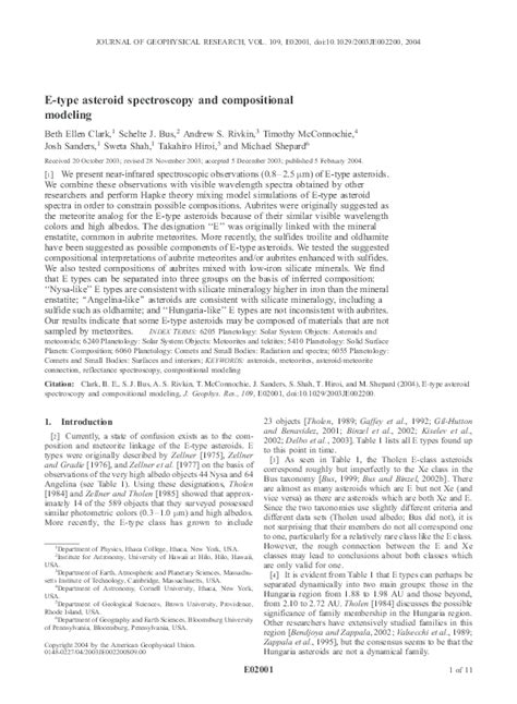 Pdf E Type Asteroid Spectroscopy And Compositional Modeling