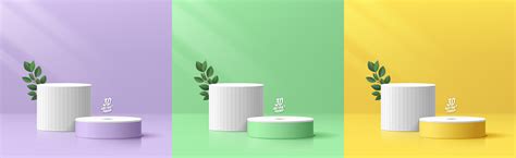 단계 실린더 연단이있는 현실적인 3d 배경 세트 노란색 녹색 보라색 라벤더 벽 장면과 녹색 잎 추상 최소 모형 제품 디스플레이