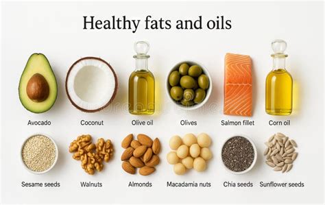 Display Of Healthy Fats And Oils Including Avocado Coconut Olive Oil