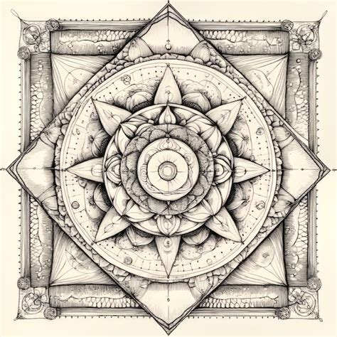 Intricate Black And White Geometric Pattern With A Central Starburst And A Circle In The Middle
