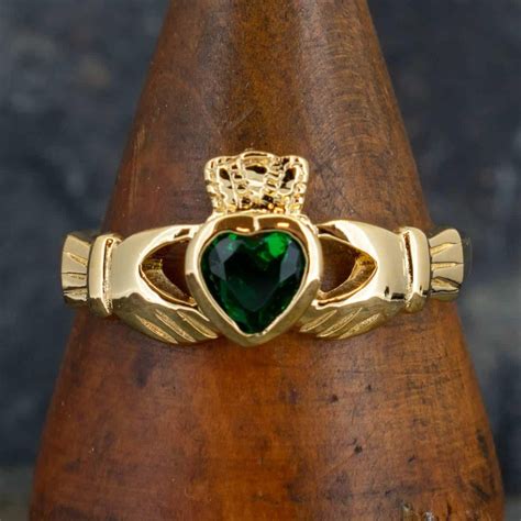 Gold Irish Celtic Claddagh Ring With Green Stone Etsy