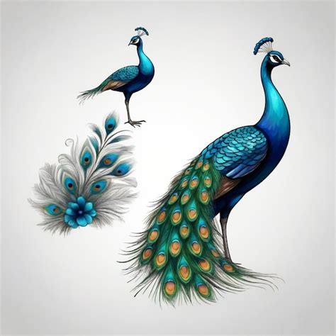 Un Dibujo De Pavos Reales Con Plumas De Pavo Real Y Flores Vector Premium