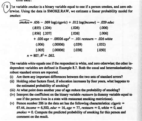Thc Variable Smokes Is Binary Variable Equnl One If Person Smokcs And